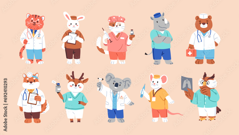 Cute animal doctors set. Funny medical characters. Hospital healthcare ...