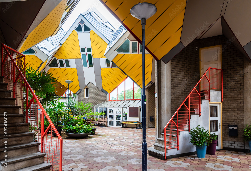 Rotterdam, Netherlands - July 28, 2023: Inner street of the Cube houses ...