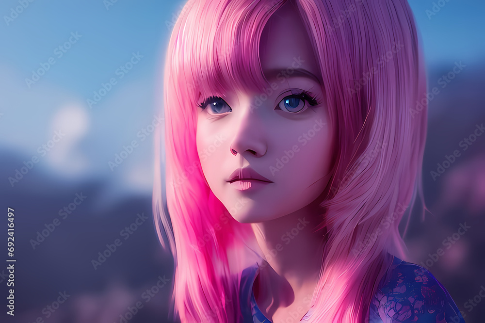 beautiful cute anime pretty young girl 3d rendering raster illustration ...