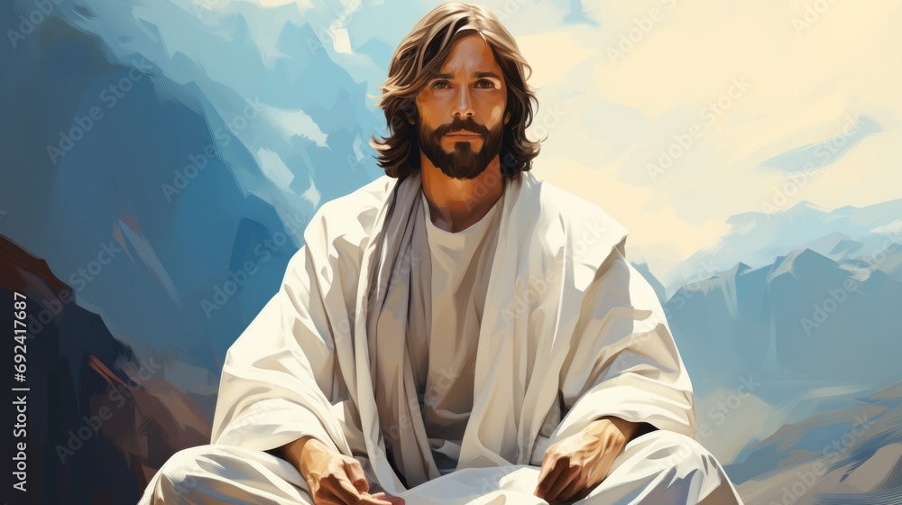 Jesus Christ in illustration style sitting with blue sky background ...