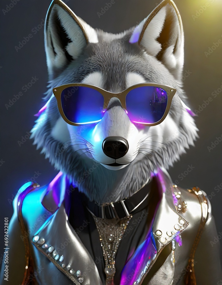 VIP Wolf standing in a night club with sunglasses wearing a luxury suit ...