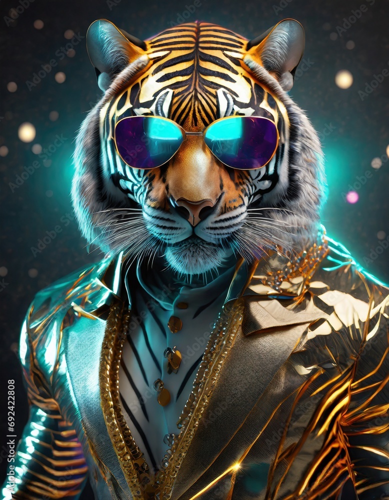 VIP Tiger standing in a night club with sunglasses wearing a luxury ...