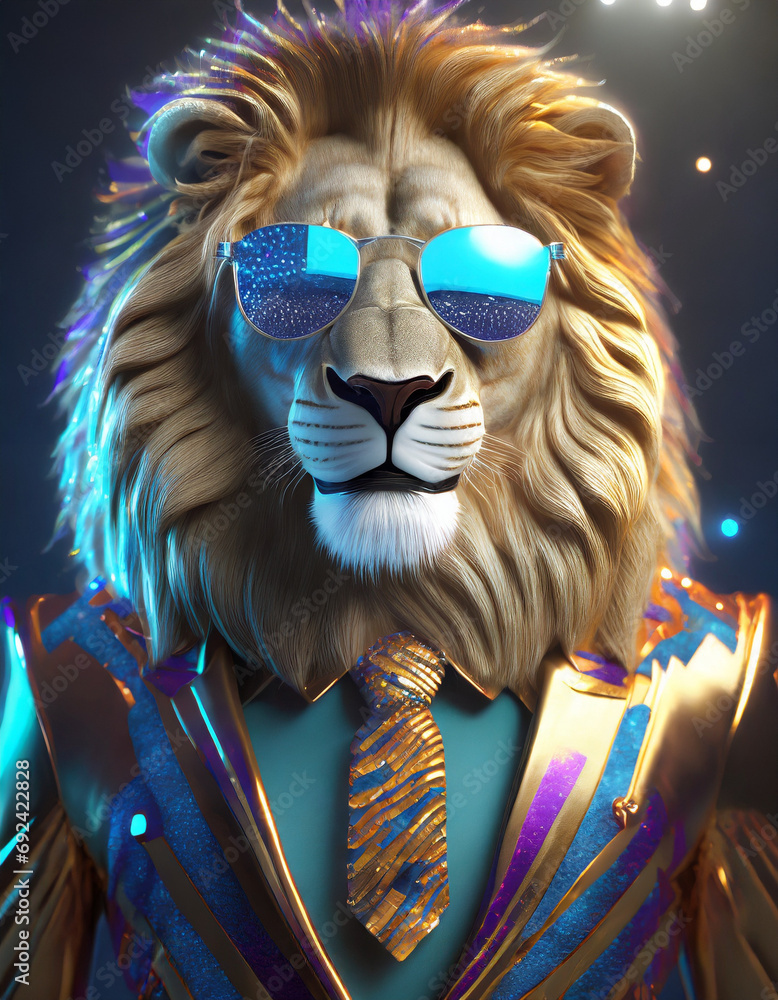 VIP Lion standing in a night club with sunglasses wearing a luxury suit ...