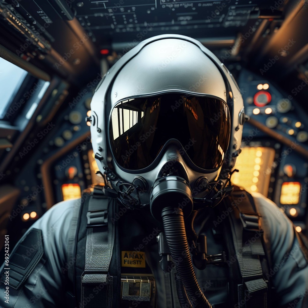 Pilot in flight. Pilot Wearing Mask And Helmet In Cockpit Of Fighter ...