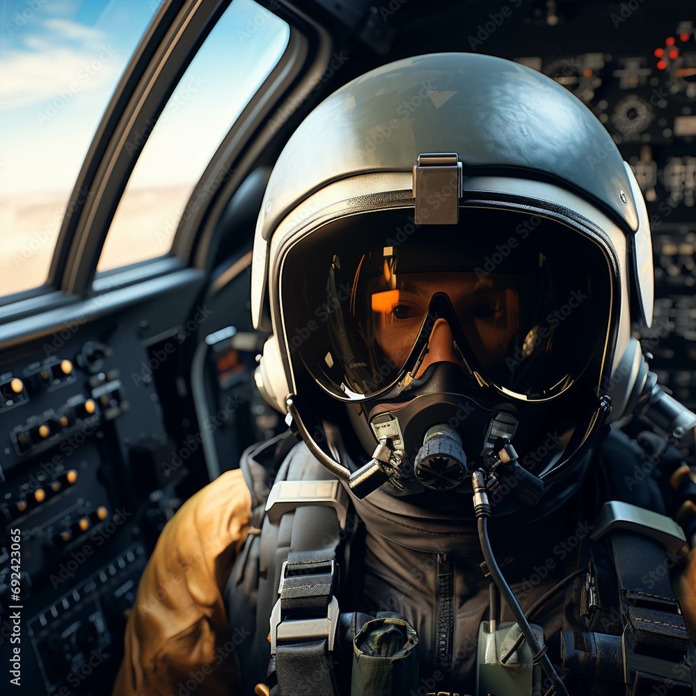 Pilot in flight. Pilot Wearing Mask And Helmet In Cockpit Of Fighter ...