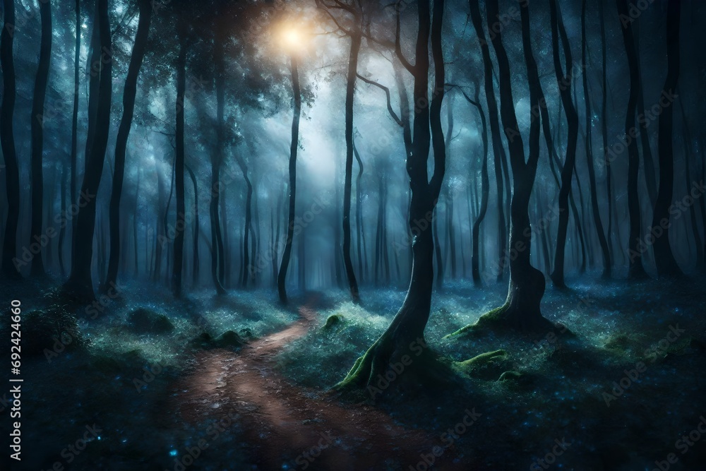 Magical dark fairy tale forest at night with glowing lights and fog und ...