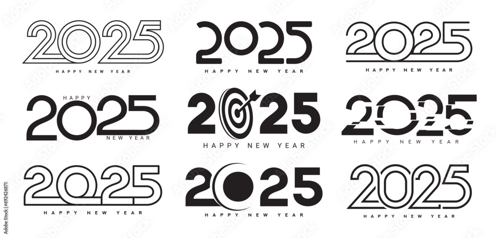 Set of Happy New Year 2025 logos design. Vector illustration with black ...