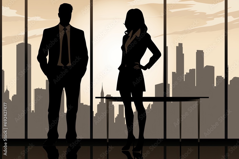 Silhouette of coworkers in the office with panoramic windows and city ...