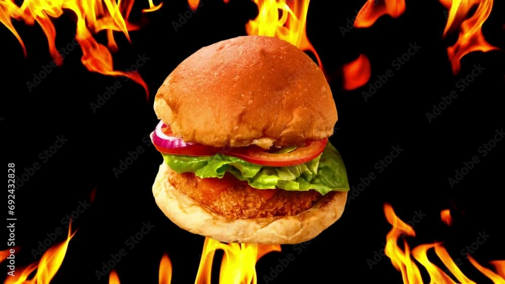 chicken burger on a fire flames background on a fire flames background ...