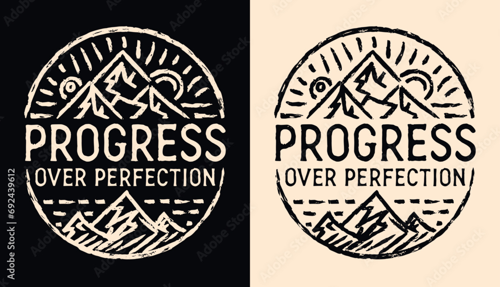 Progress over perfection lettering. Personal development retro vintage ...