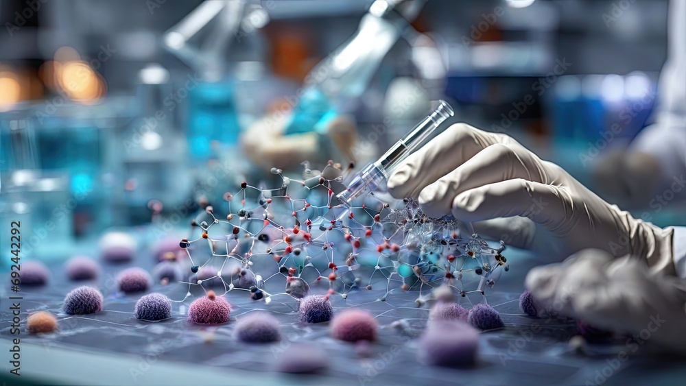 A scientist working on a molecular model in a laboratory. Description ...