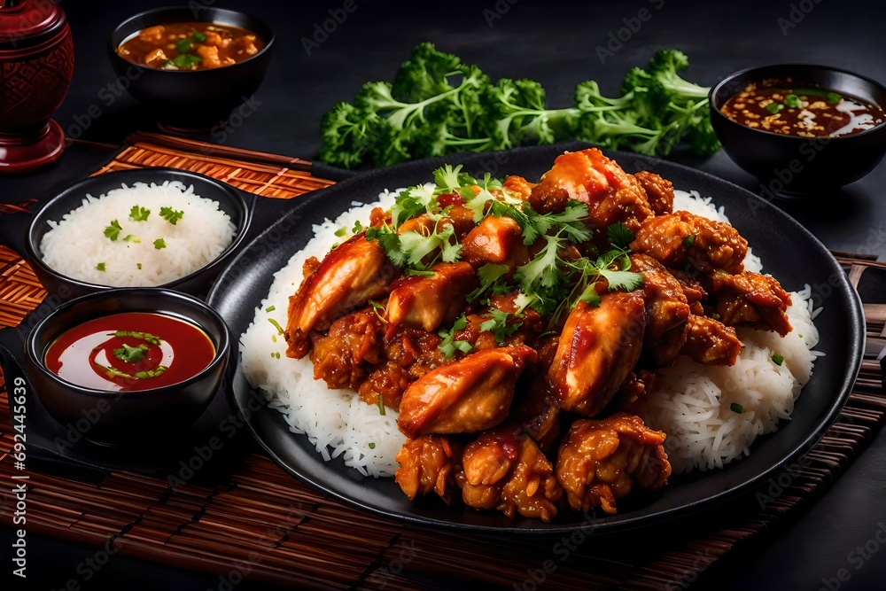 an ultra-realistic HD quality image of tandori chicken, Chinese rice ...