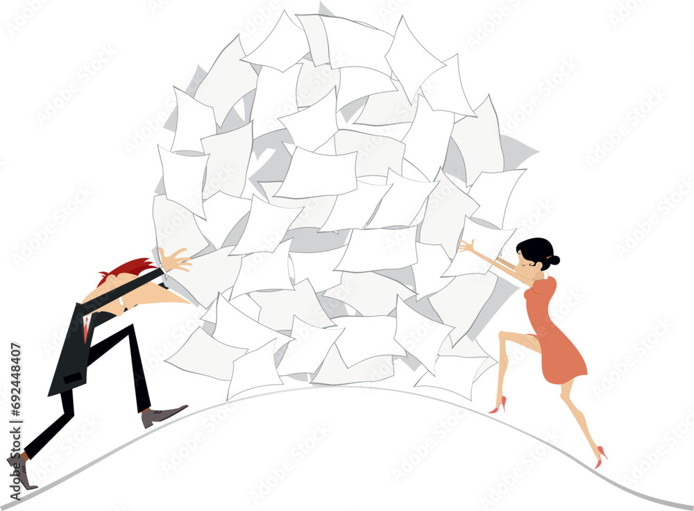 Hard working man and woman. Pile of papers. Business. Man and woman ...