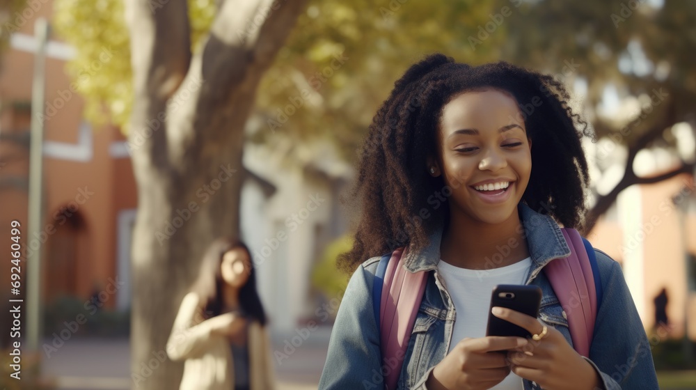 Smiling happy cute African teen girl student holding cellphone looking ...