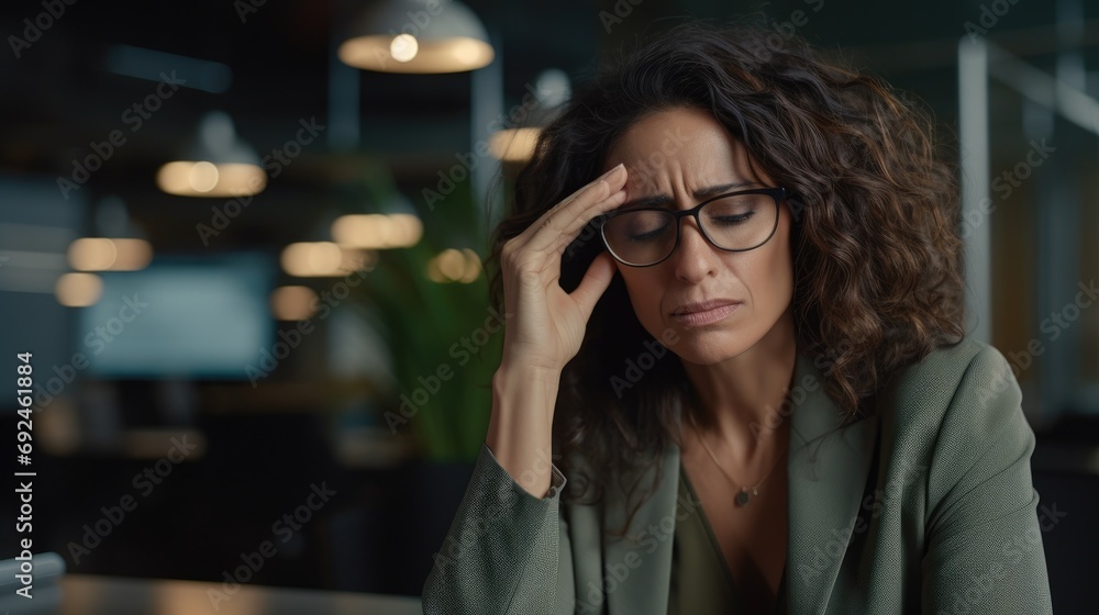 Worried fatigued mature business woman wearing glasses having headache ...