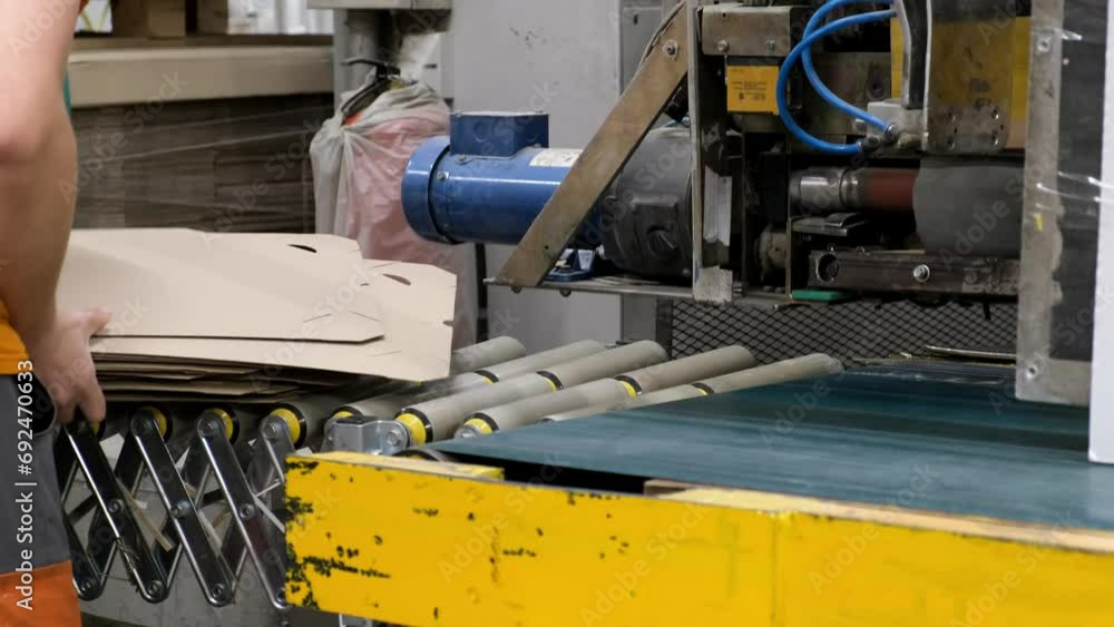 Packaging line of finished products. A female worker puts the boxes ...