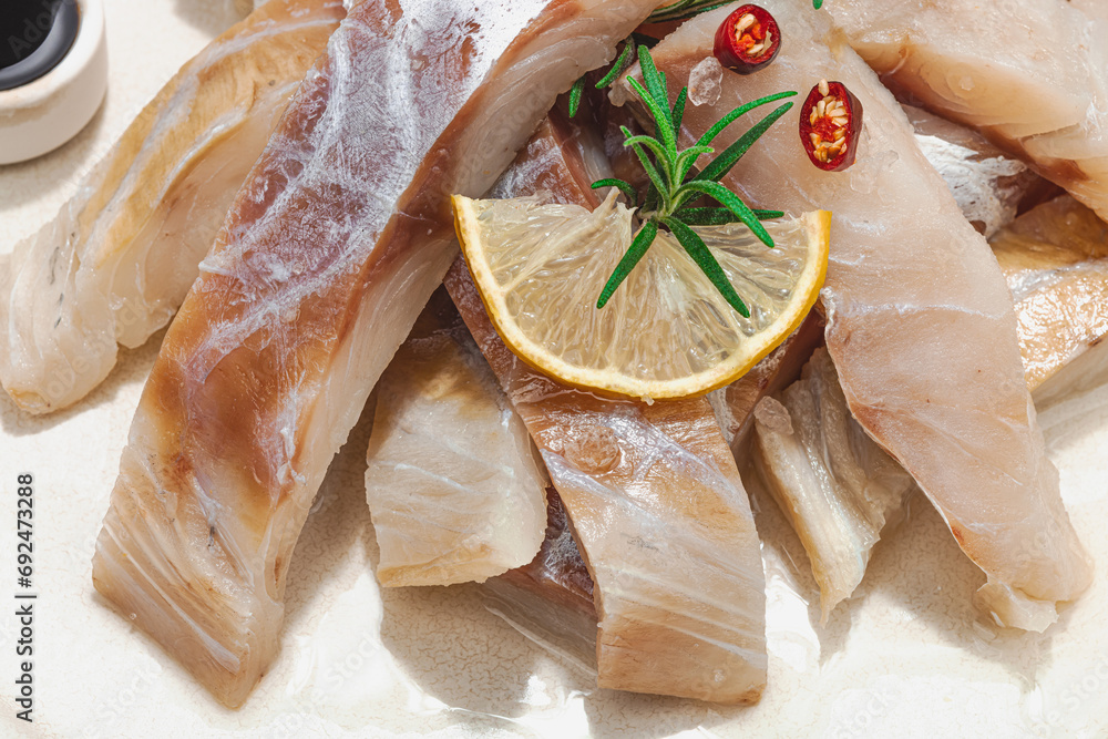 Raw pollock (Pollachius virens) fillet. Fresh fish for healthy food ...