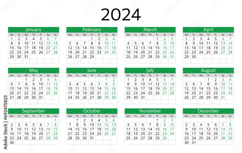 ENGLISH 2024 year calendar. Printable vector illustration Stock Vector ...