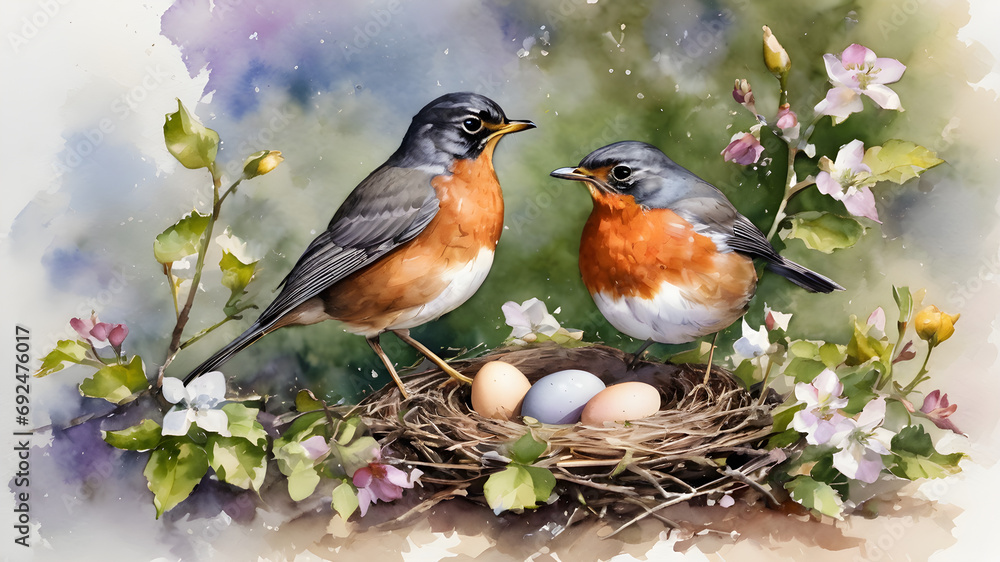 Watercolor illustration of a robin and a nest with eggs in spring ...