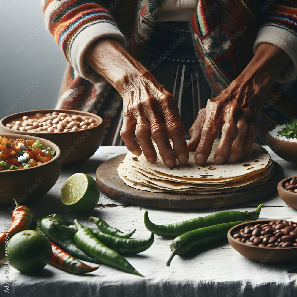 hands of an older woman making tortillas, traditional Mexican cuisine ...