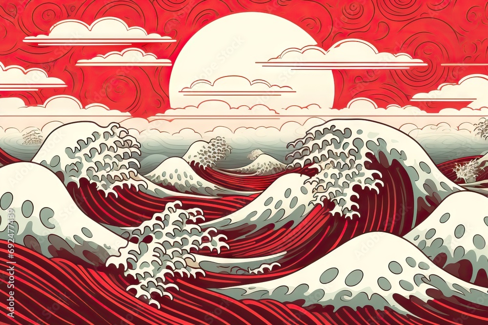 Japanese ocean wave and sun background. Asia and oriental traditional ...
