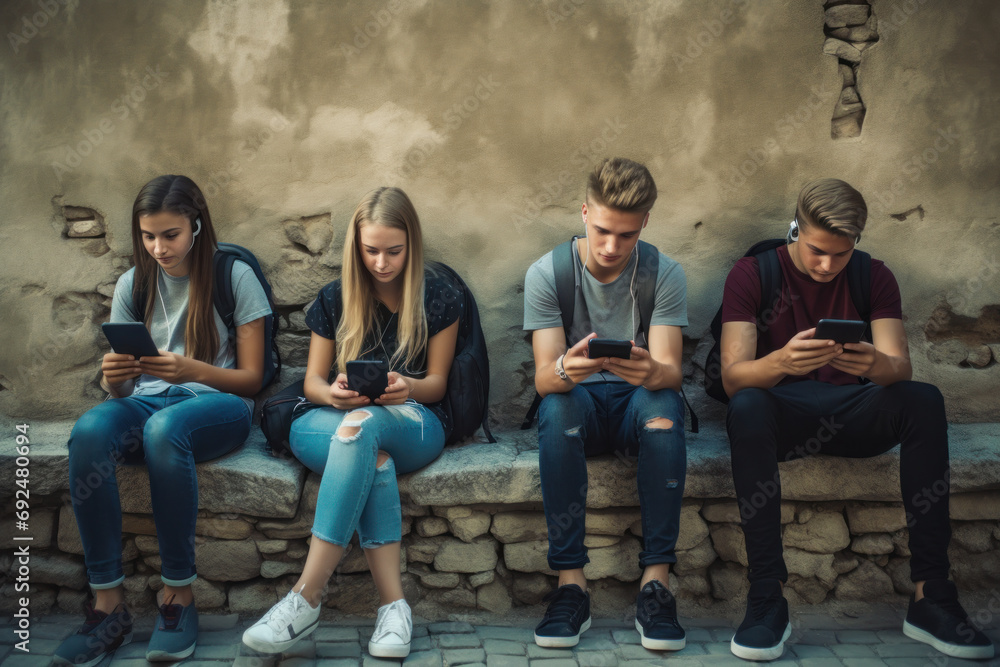 Four teenagers engrossed in their smartphones, seated side by side ...