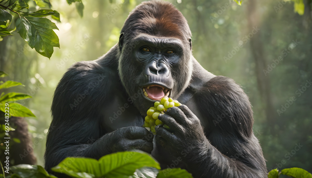 Gorilla eating fruit in rainforest, Close-up photo of wild big black ...