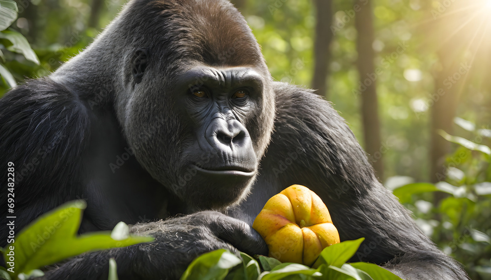 Gorilla eating fruit in rainforest, Close-up photo of wild big black ...
