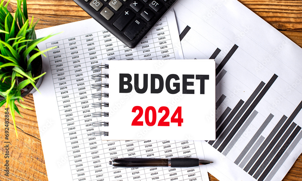 BUDGET 2024 text on a notebook with chart and calculator Stock Photo ...