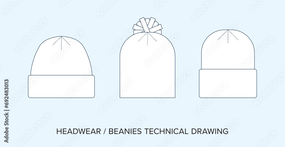 Blank Beanies Technical Drawing, Headwear Blueprint for Fashion ...