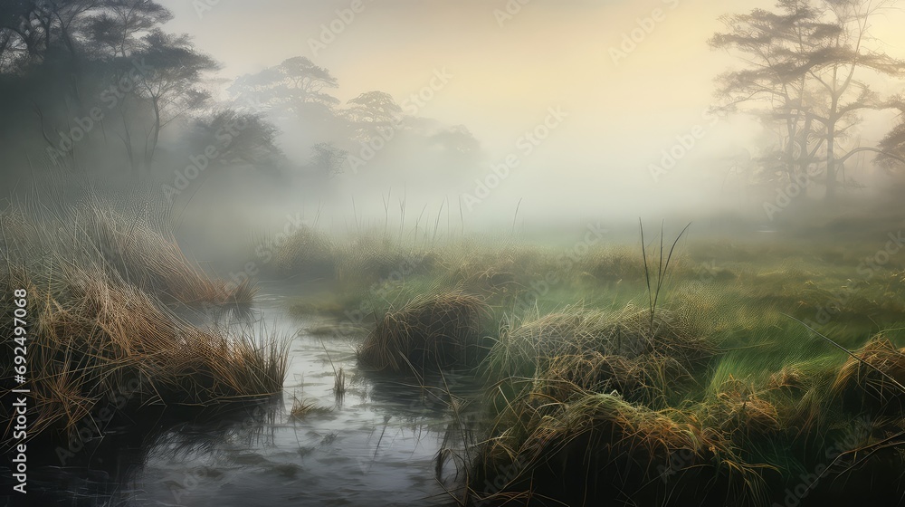 fen swampy marsh landscape illustration estuary reed, wildlife ...