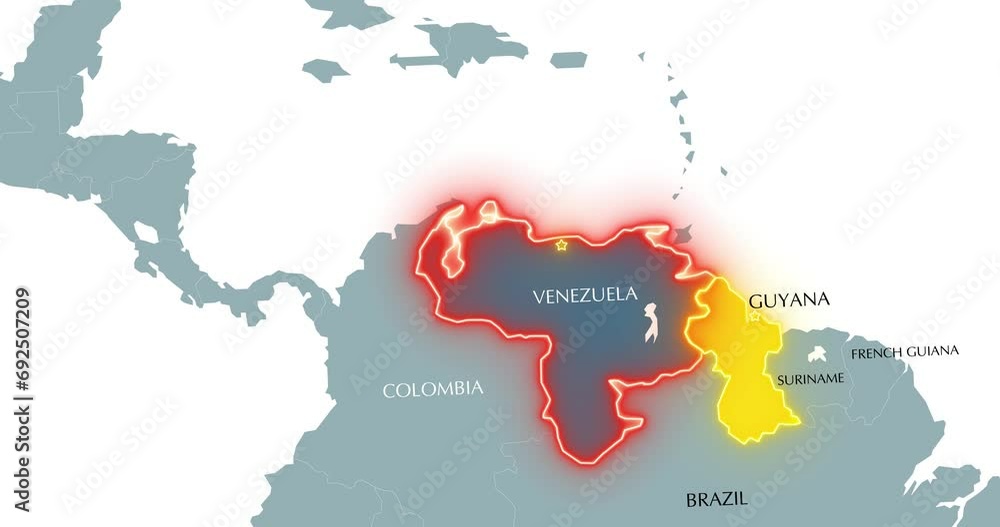 Animation with the borders of Venezuela and Guyana. Territorial dispute ...