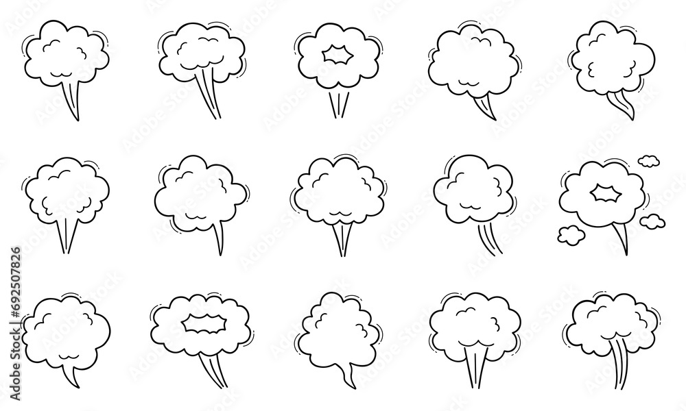 Smoke, boom bubble, steam doodle set. Comic speed cloud, explosion ...