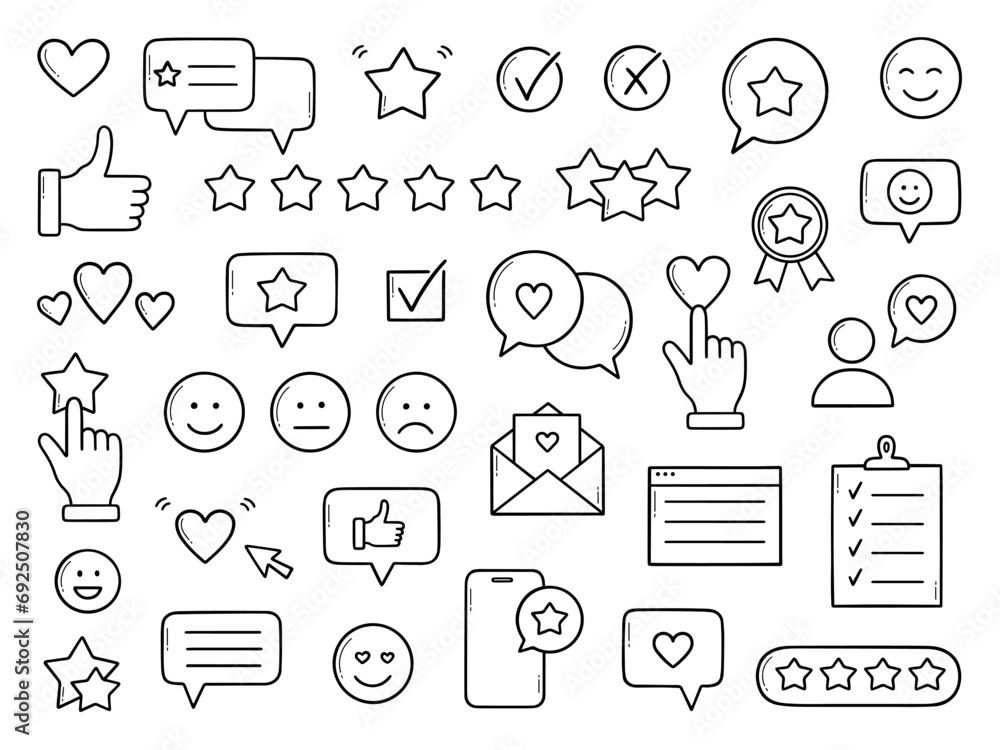 Feedback doodle set. Quick Response, rating, review, testimonials ...