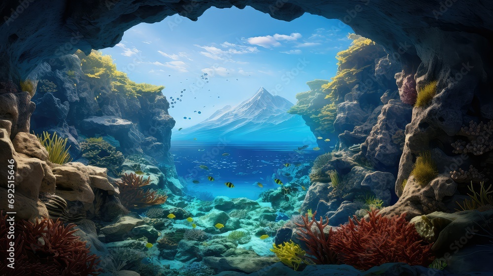 underwater submarine canyon landscape illustration deep abyss, seafloor ...
