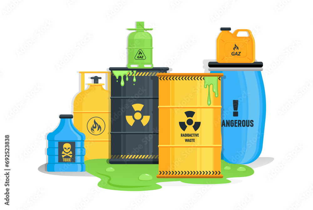 Flammable waste set. Container with chemical explosive substance, fuel ...