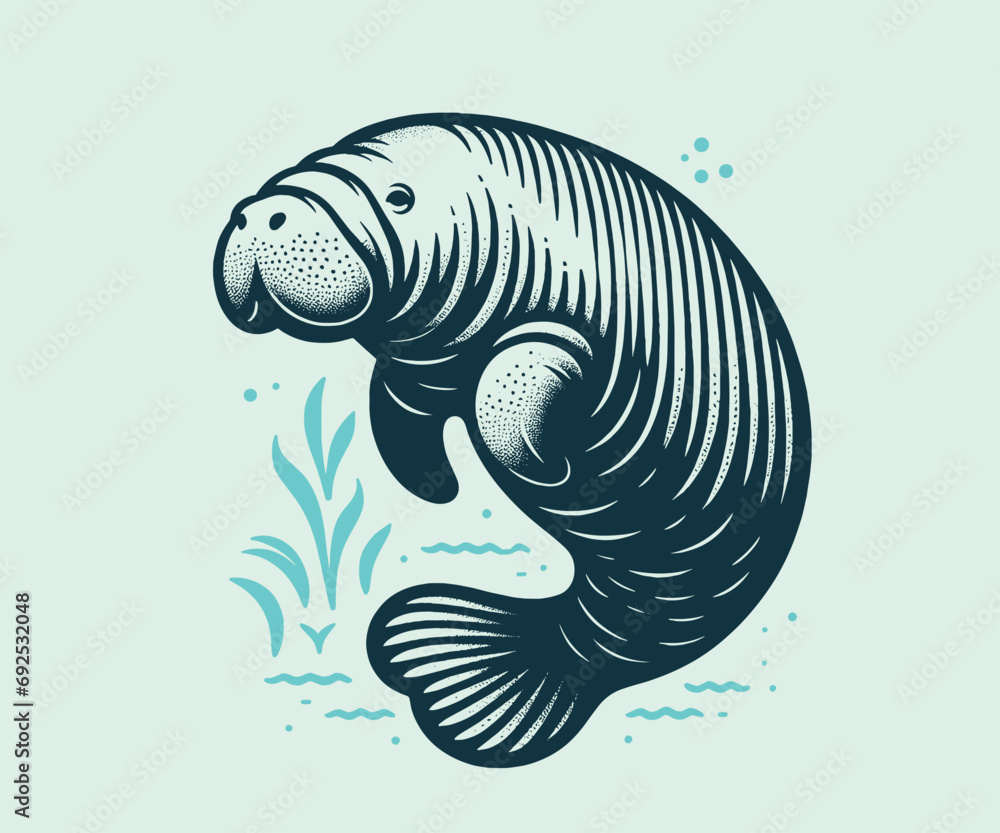 Manatee. Beautiful engraving icon, logo. Woodcut illustration, vector ...