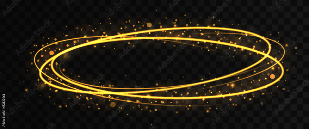 Light effect line gold vector circle. Glowing light fire ring trace. Abstract fire circles ...