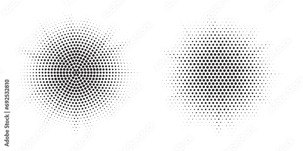 Halftone circle frame dotted background set. Round border Icon using halftone random circle dots ...