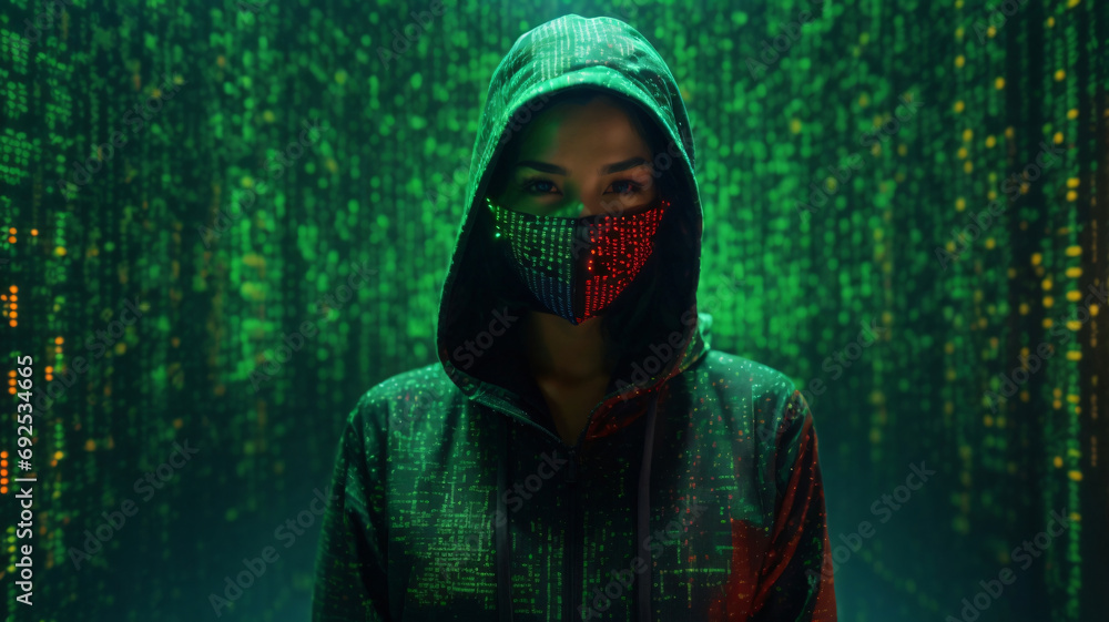 hacker with a mask Concept of cybercrime: Social engineering, malware, vulnerability, patch ...