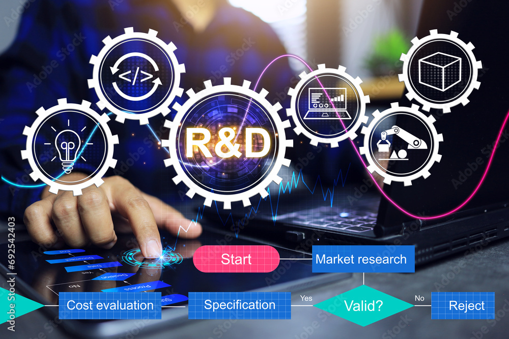 research and development concept with logic chart process icons as a ...