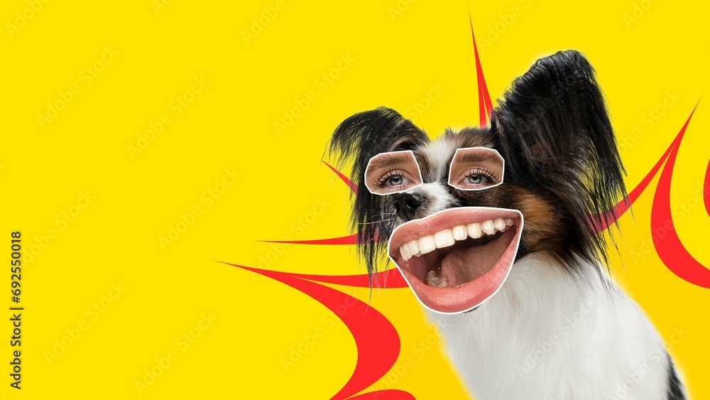 Purebred little dog with female eyes and mouth laughing against yellow ...