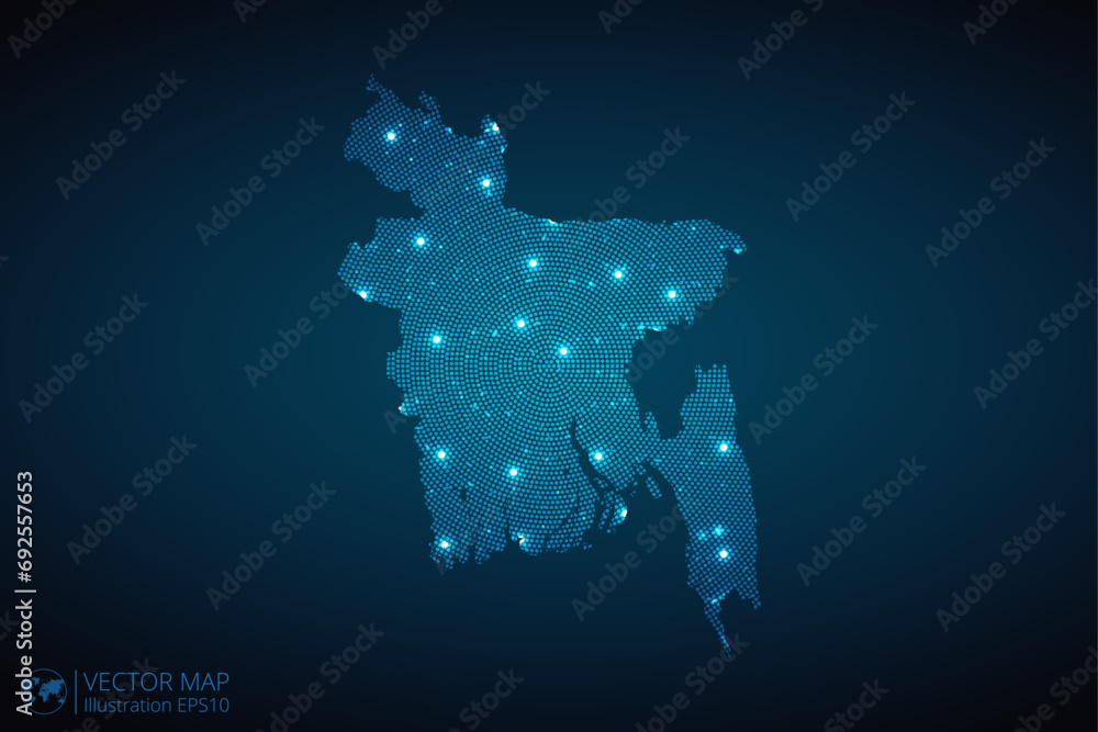 Bangladesh map radial dotted pattern in futuristic style, design blue circle glowing outline ...