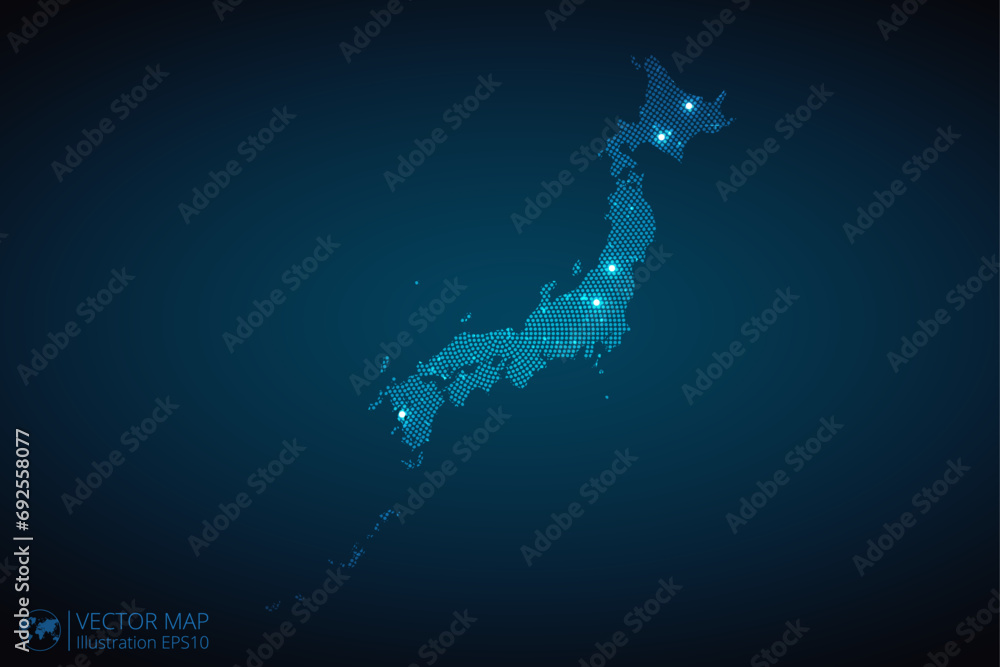 Japan map radial dotted pattern in futuristic style, design blue circle ...