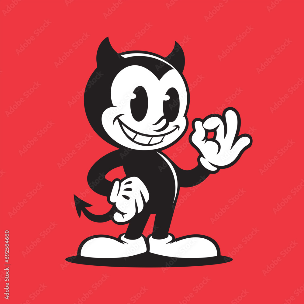 Vintage cartoon devil mascot, vector illustration. Retro logo, ads ...