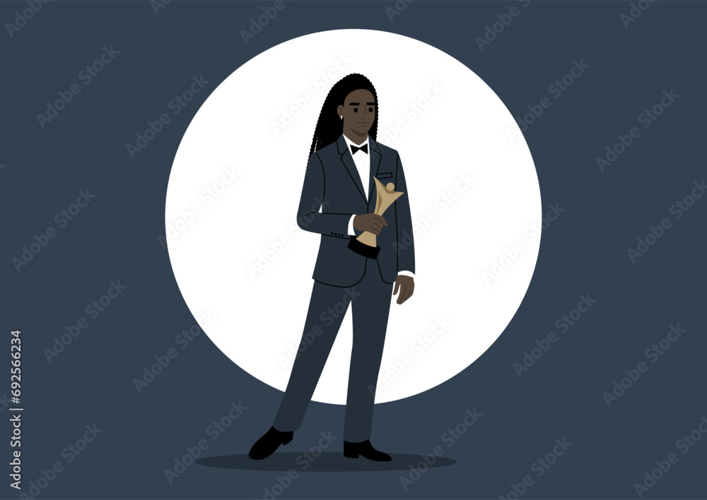 In the spotlight, on a grand stage, a figure adorned in classic attire ...