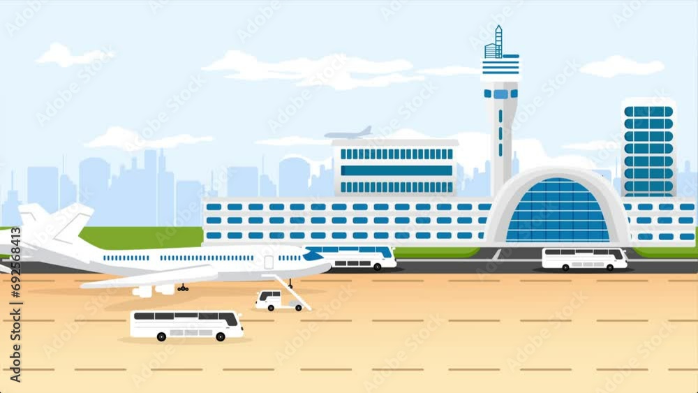 Airplane take off outside a major airport 2D Animation. Airlines, mode ...