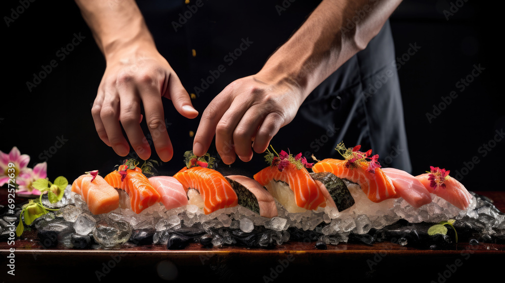hands of a sushi chef creating a visually stunning sushi presentation ...