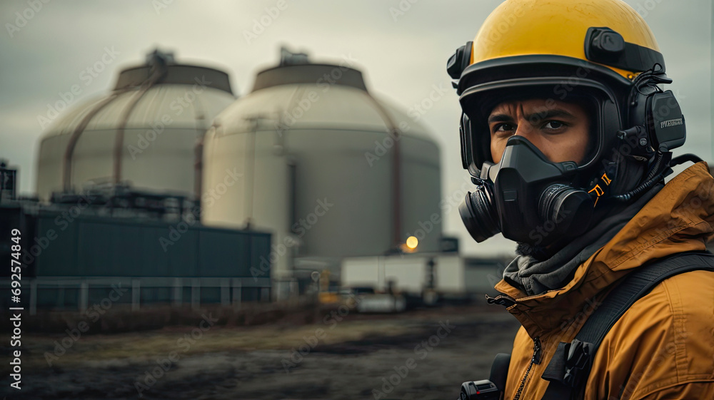 An engineer wearing PPE clothing in front of a nuclear power plant in ...