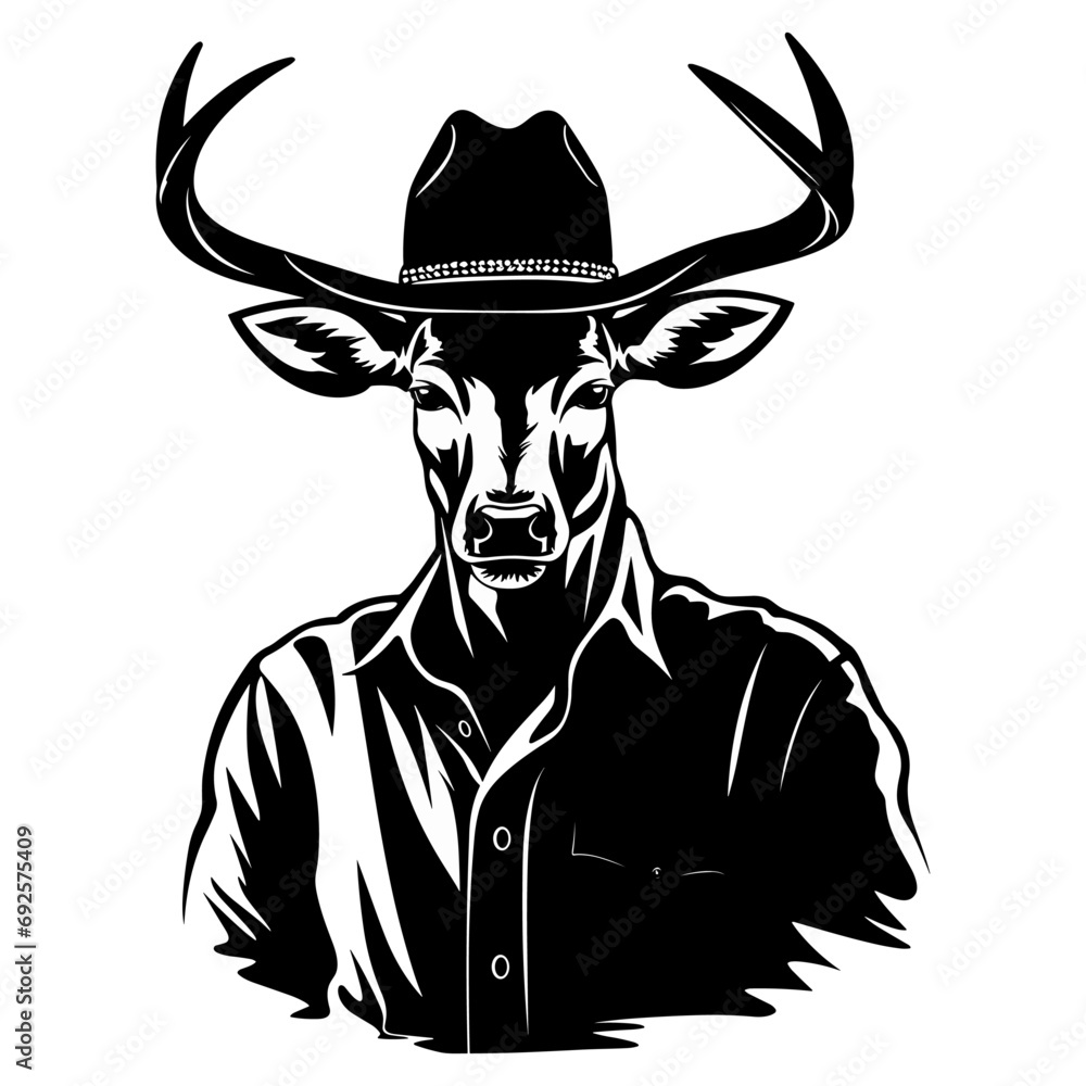 Vintage deer in a cowboy hat 60s style retro comic black vector ...